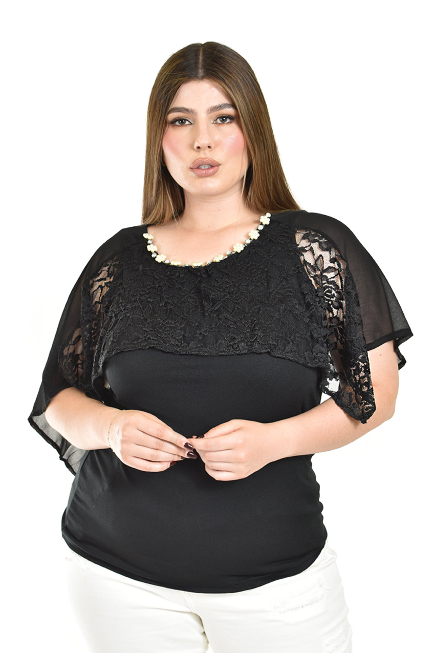 Blusa con encaje y detalle de perlas Roman Fashion /Tallas Extras, 086 (Negro)