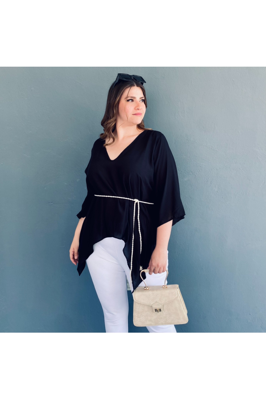 Blusa asimétrica con cinto Roman Fashion /Tallas Extras, 1831 (Negro)